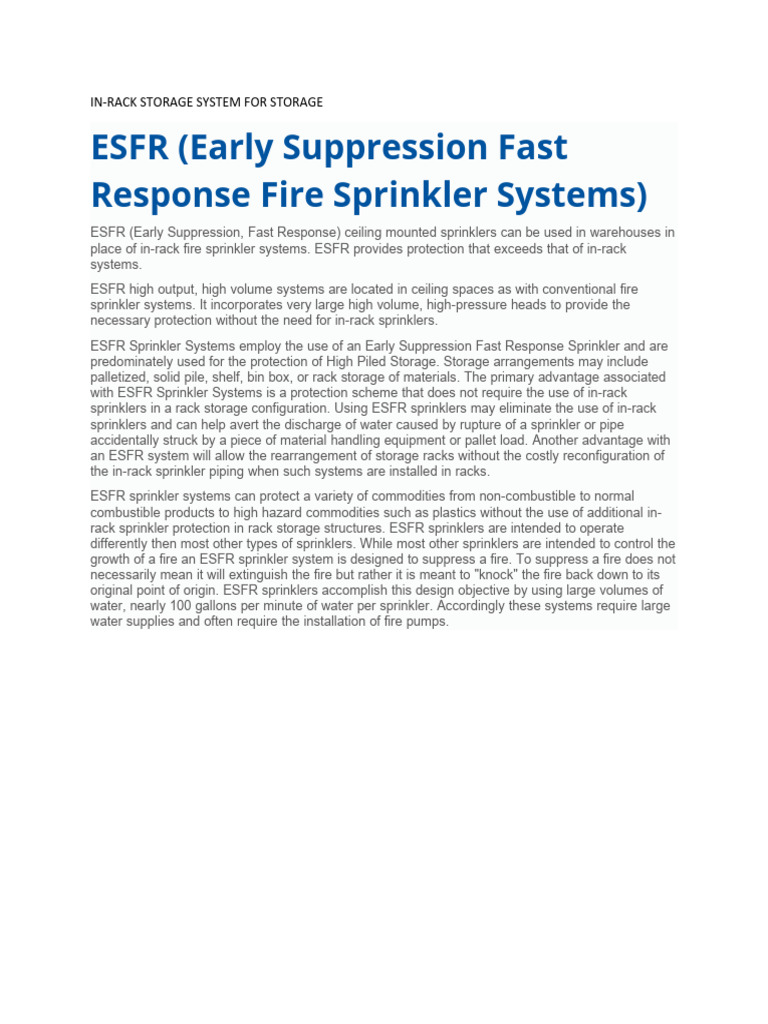 ESFR Sprinkler Systems for Rack Storage | PDF