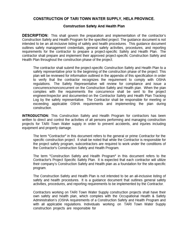 Construction Health and Safety Plan | PDF | Occupational Safety And ...