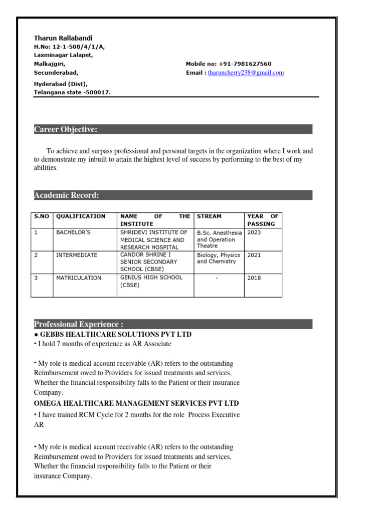 Tharun's Update Resume | PDF | Health Care