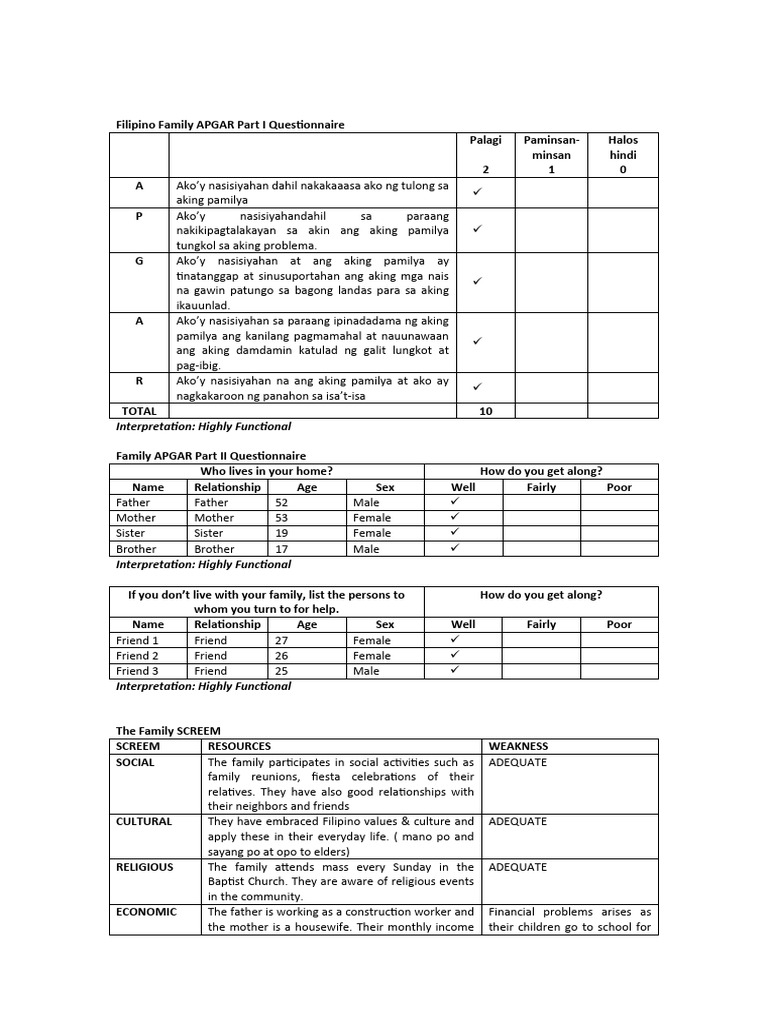 Family APGAR Part I Questionnaire | PDF | Public Services | Social Programs