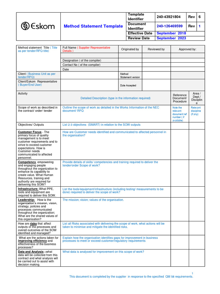 Method Statement Template | PDF | Procurement | Risk