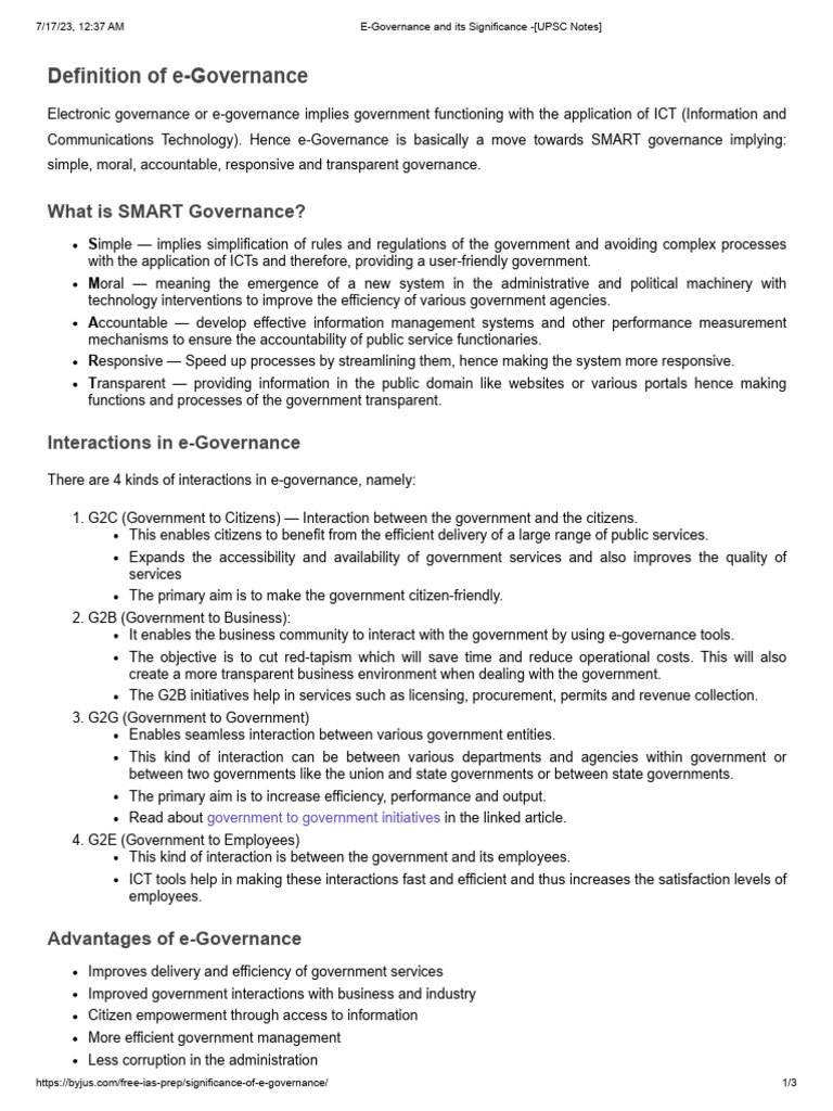 E-Governance and Its Significance - (UPSC Notes) | PDF | Computing ...