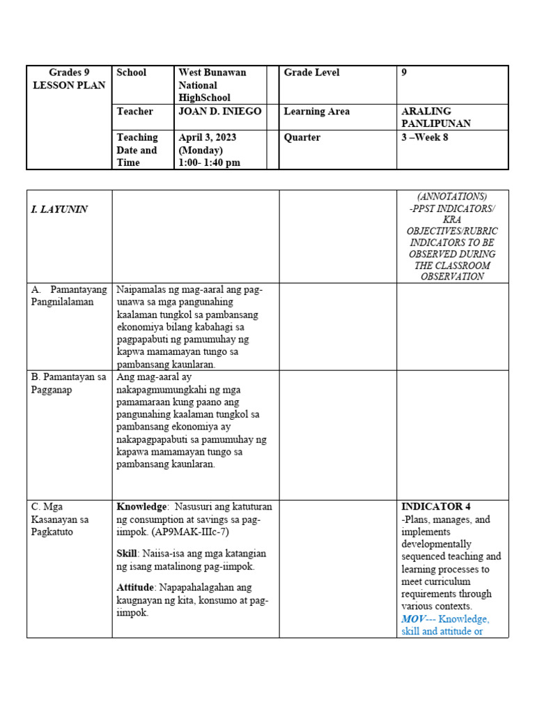 JSH Fibal Lesson Plan in Aral. Pan. | PDF