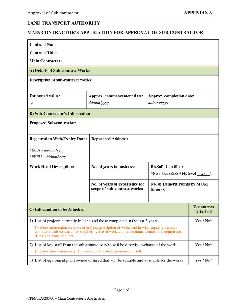 Subcontractor Approval Application Form | PDF | Business