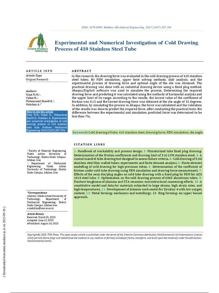 Experimental and Numerical Investigation of Cold Drawing Process of 410 ...