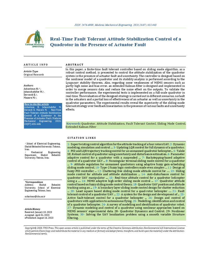 Real-Time Fault Tolerant Attitude Stabilization Control of A Quadrotor in The Presence of ...