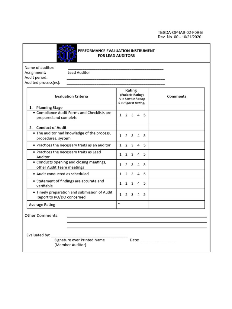Lead Auditor Performance Evaluation Form | PDF | Technology & Engineering