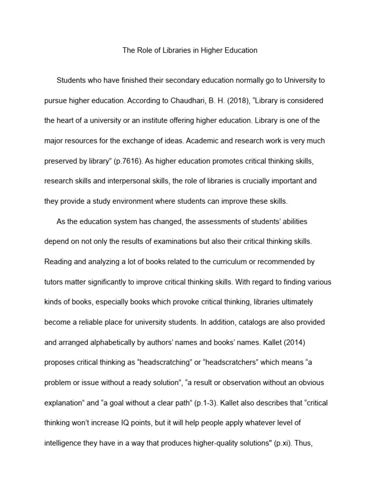 The Role of Libraries in Higher Education | PDF | Critical Thinking ...