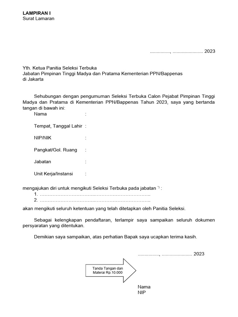 Lampiran I Surat Lamaran JPT 2023 | PDF | Pengelolaan Keuangan & Uang | Griya & Taman