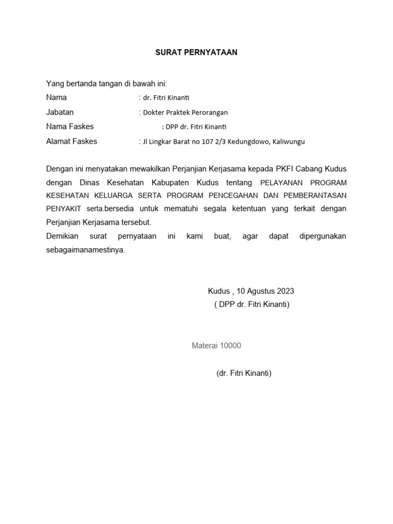 Surat Pernyataan Mewakilkan Dan Mematuhi PKS PKFI DKK - Docxdocx | PDF
