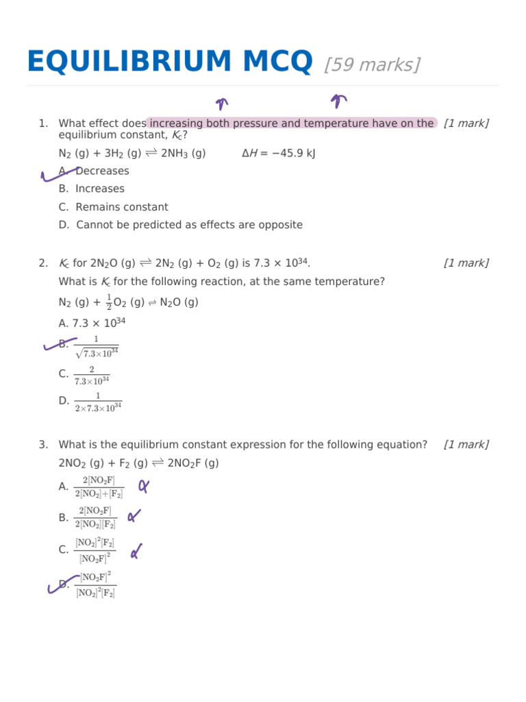 Chemical Equilibrium MCQs and Effects | PDF | Chemical Equilibrium ...