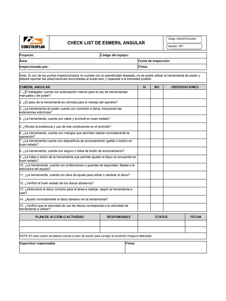 4 Check List de Insp. - Esmeril Angular | PDF | Herramientas