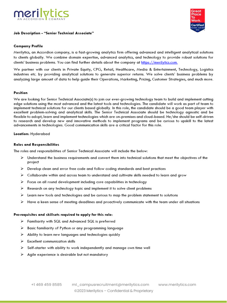 Merilytics JD - Senior Technical Associate | PDF | Analytics | Business