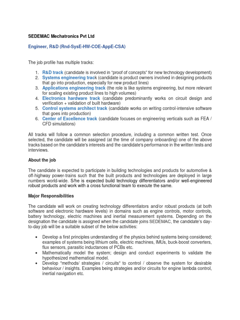 SEDEMAC - JD - Engineer, R&D (Rnd-SysE-HW-COE-AppE-CSA) | PDF ...