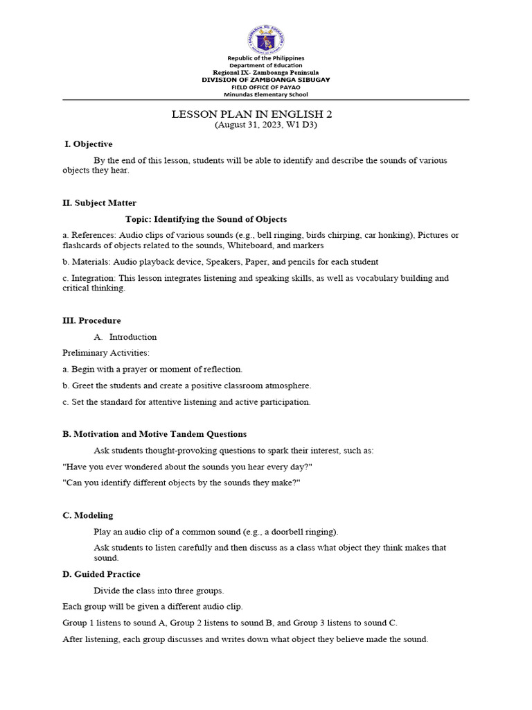 English W1 D3 | PDF | Lesson Plan | Behavior Modification