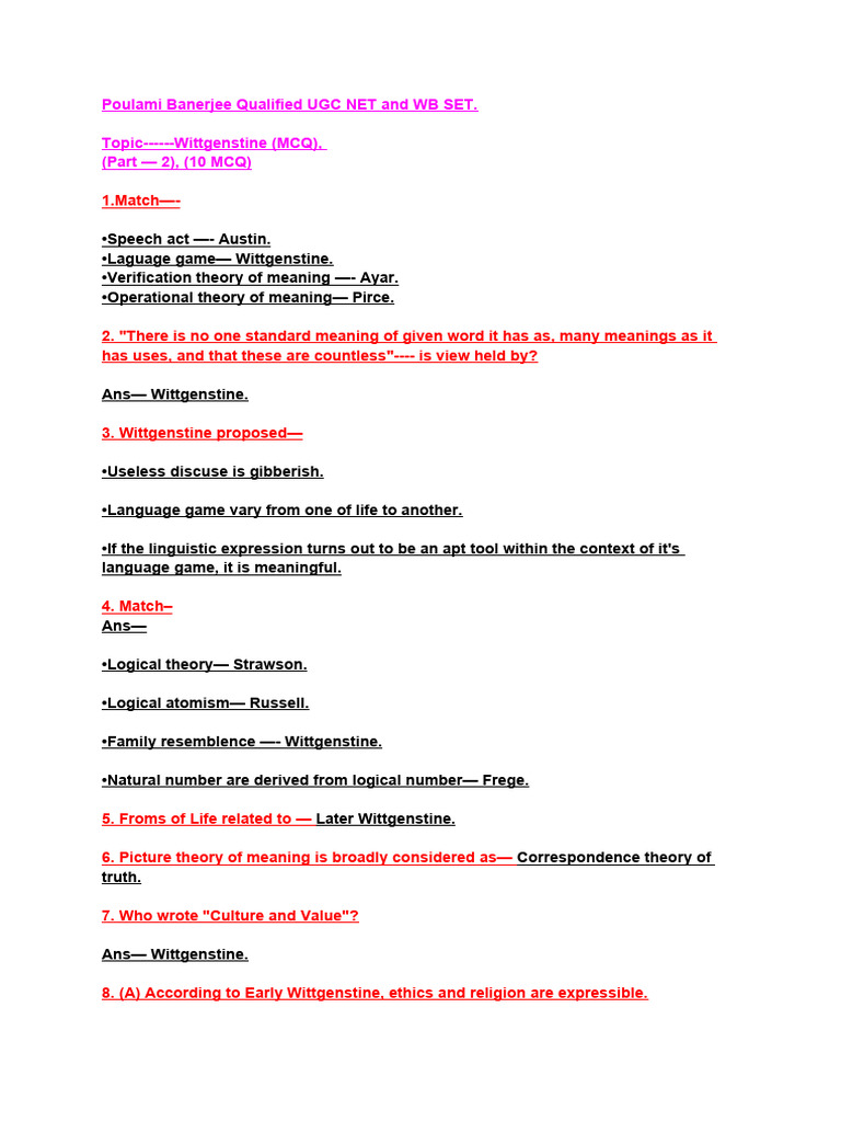 Wittgenstine (MCQ) (Part 2) - 1 | PDF