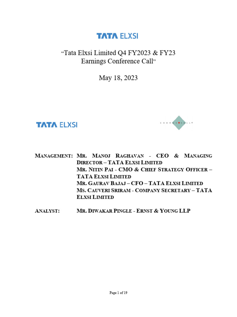Tata Elxsi Limited Q4 FY23 Earnings Conference Call | PDF | Artificial Intelligence ...