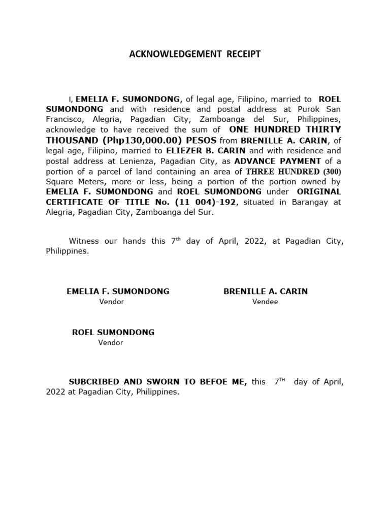 Acknowledgment Receipt (Advance Payment) | PDF