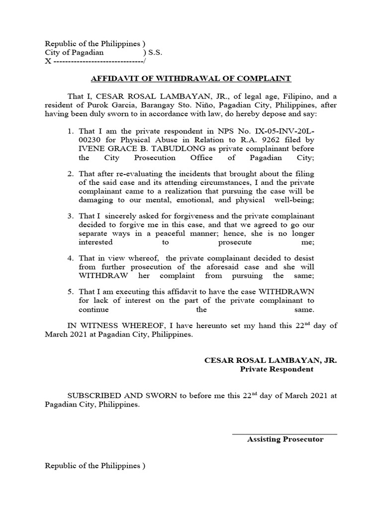Withdrawal of Complaint | PDF | Criminal Law | Crimes
