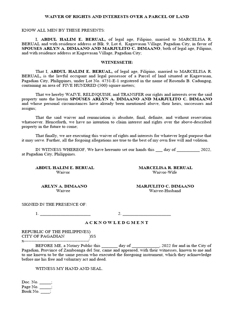 Waiver of Rights & Interests Over A Parcel of Land 2 | PDF | Common Law ...