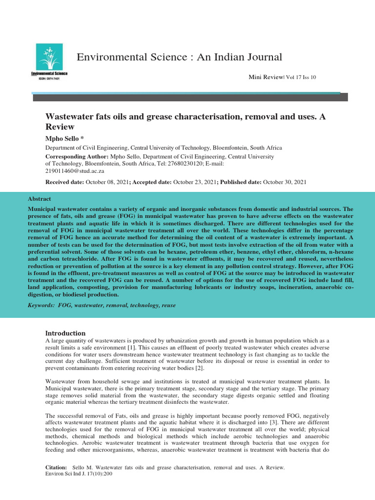 Wastewater Fats Oils and Grease Characterisation Removal and Uses A ...