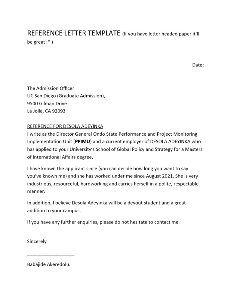 Reference Letter for Desola Adeyinka | PDF