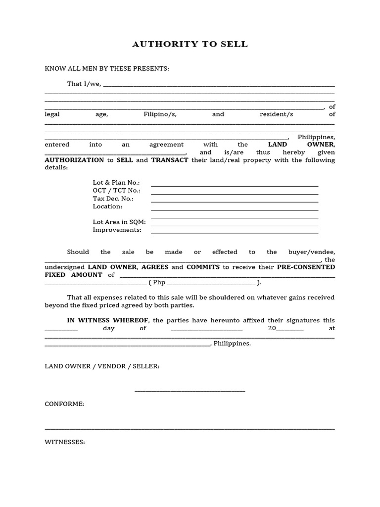 Authority To Sell (Blank Form) | PDF | Taxes | Private Law