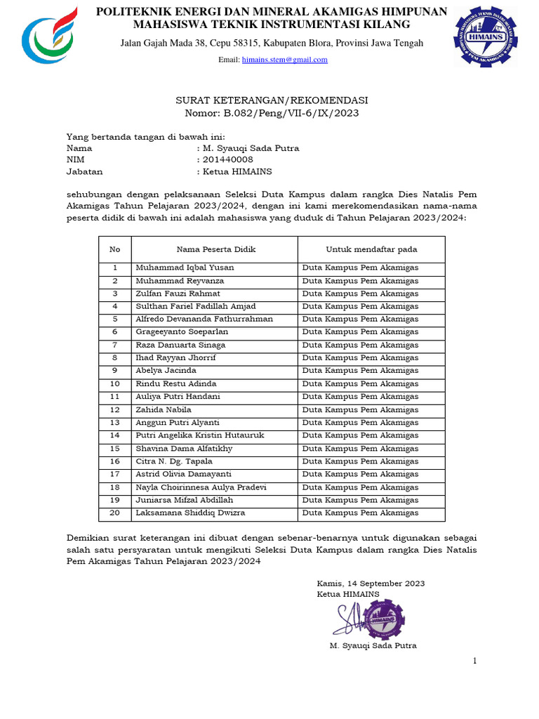 Surat Rekom Duta Kampus | PDF