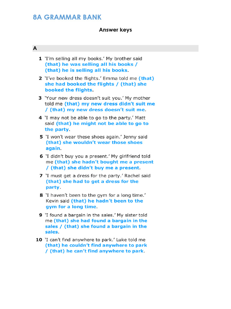 8a Grammar Bank Answer Keys | PDF