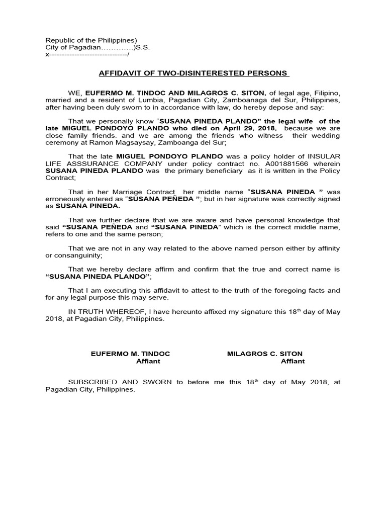 Affidavit of Disinterested Persons | PDF | Affidavit | Civil Law ...