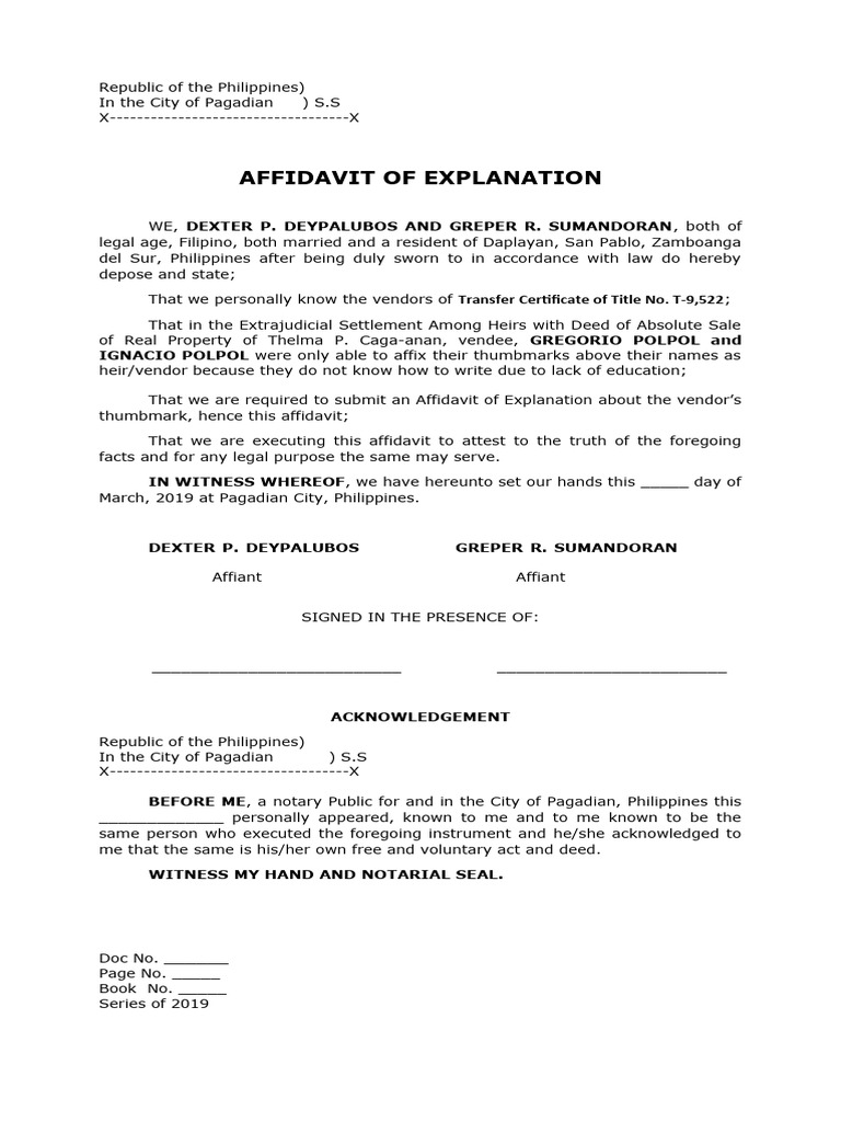 Affidavit of Explanation | PDF | Affidavit | Civil Law (Common Law)