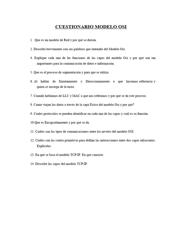 Cuestionario Modelo Osi | PDF | Modelo osi | Red de computadoras