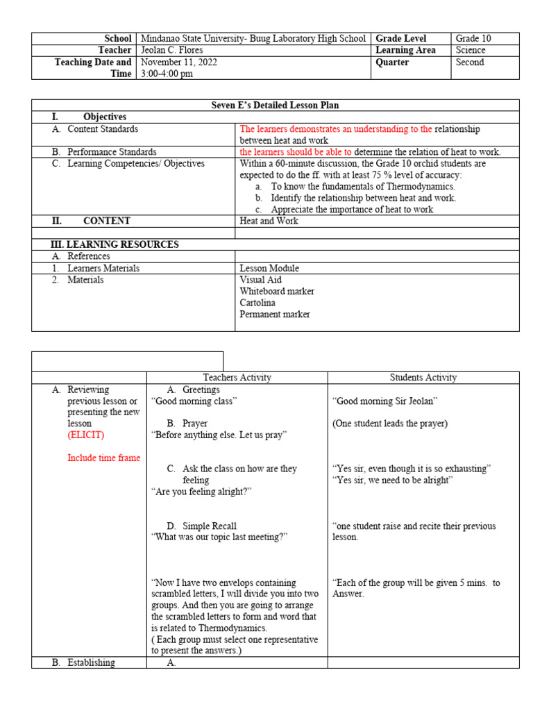 7e's Lesson Plan Final Demo Checked | Download Free PDF | Heat | Steam