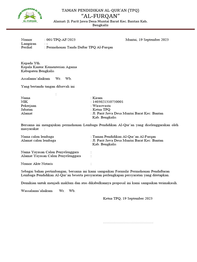 Surat Permohonan Tanda Daftar | PDF