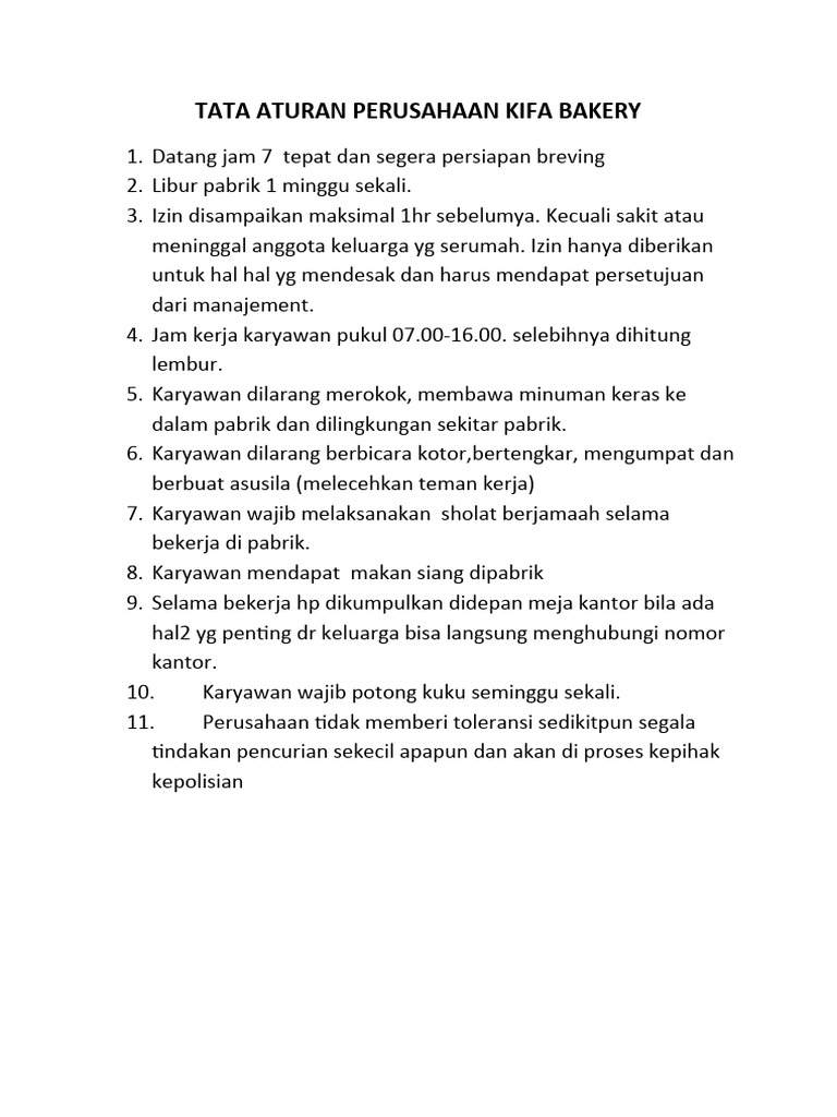 Tata Aturan Perusahaan Kifa Bakery | PDF