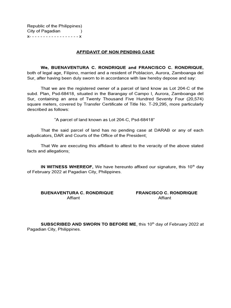 Affidavit of No Pending Case of Land | PDF | Affidavit | Evidence