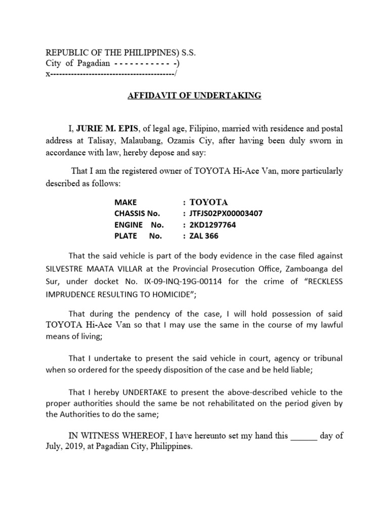 Affidavit of Undertaking | PDF | Affidavit | Commercial Vehicles