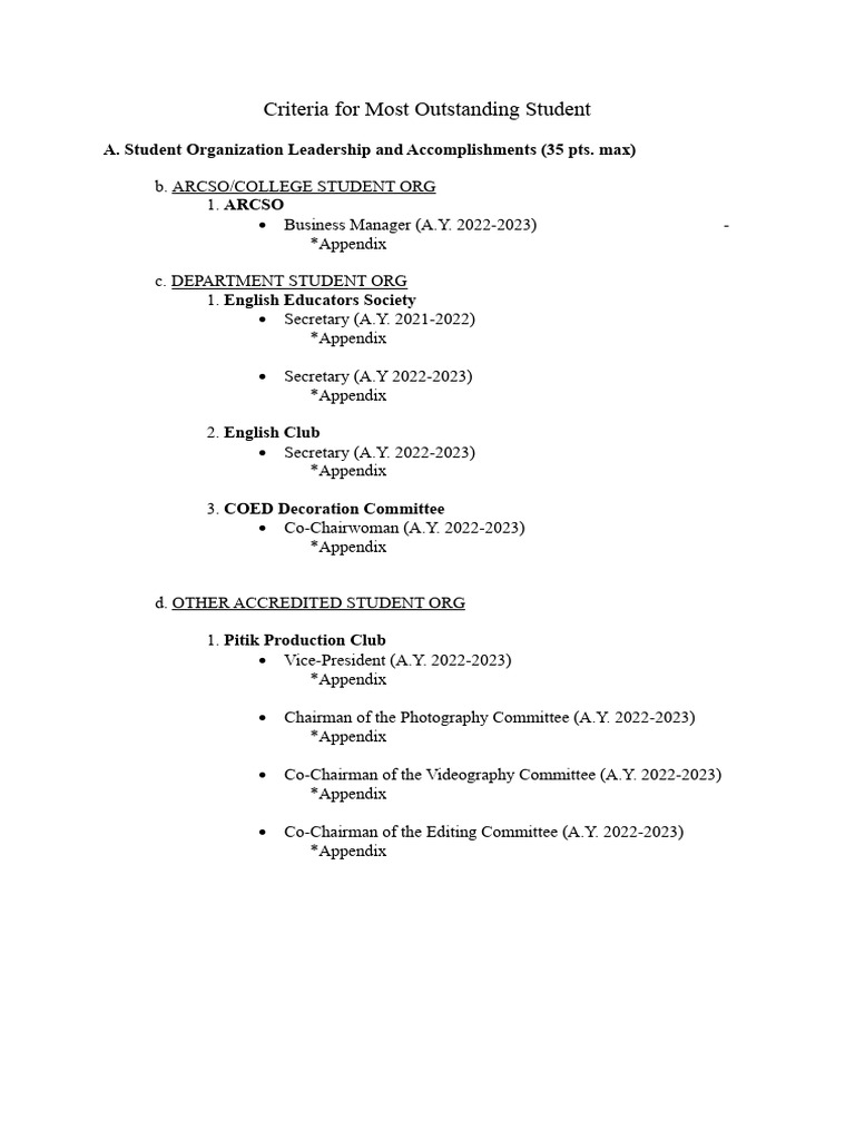 Criteria For Most Outstanding Student Pdf