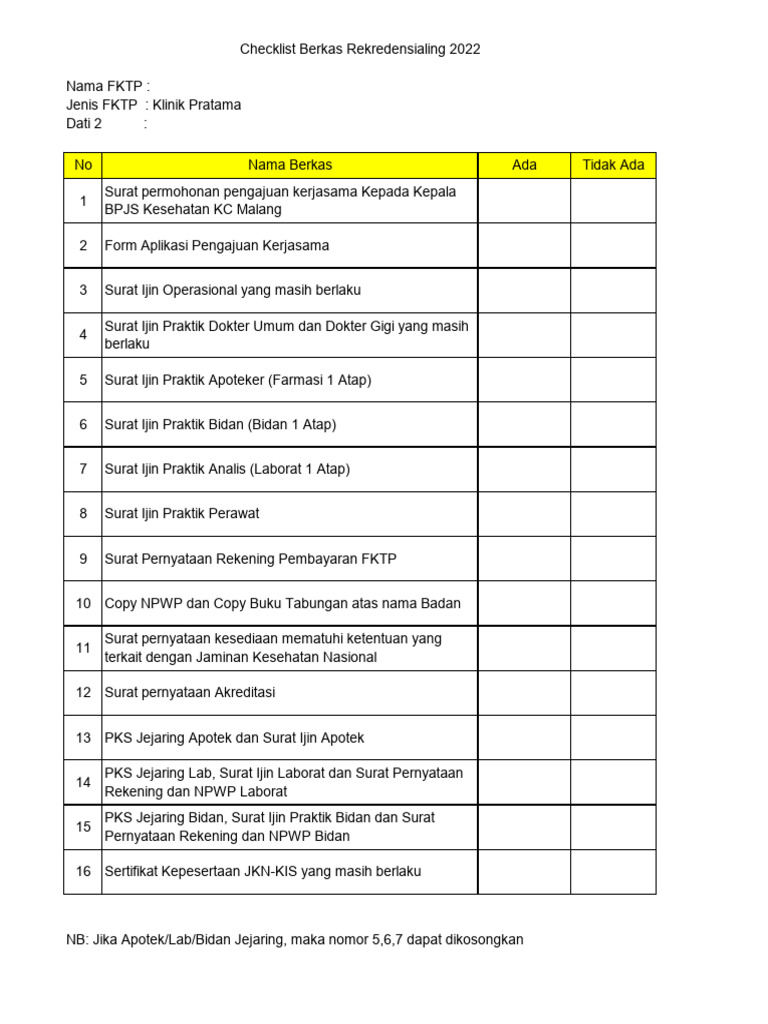 Checklist Berkas Klinik | PDF