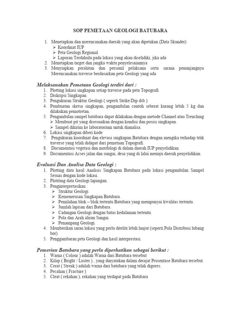 Sop Pemetaan Geologi Batubara | PDF