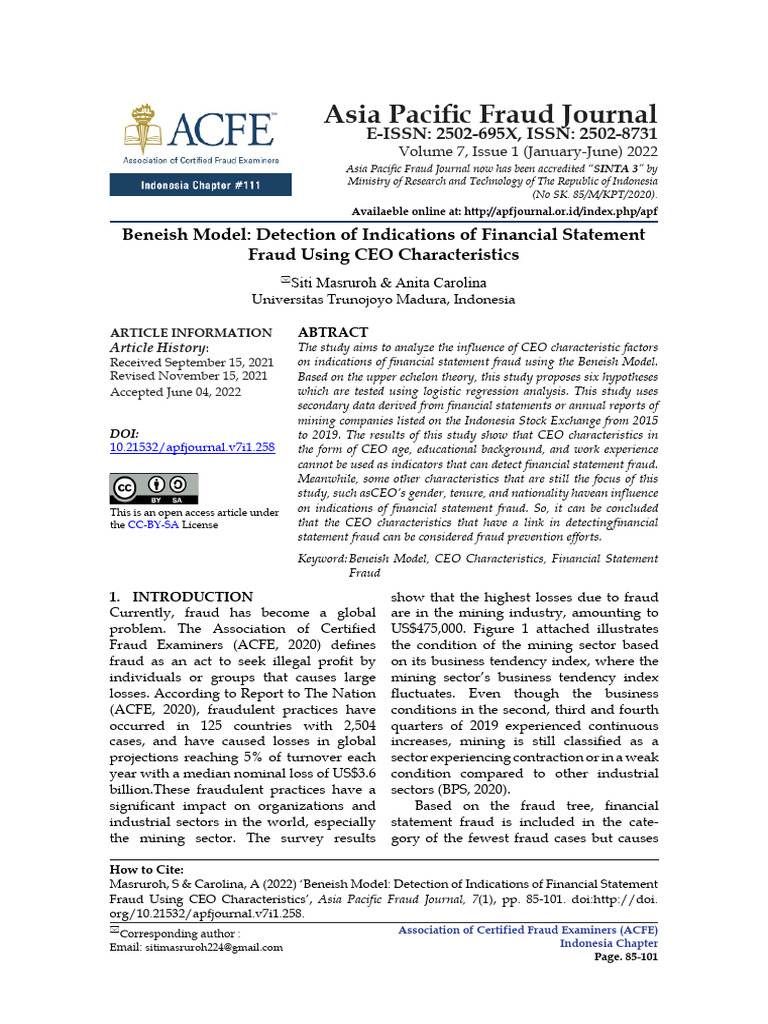 Beneish Model Detection of Indications of Financial Statement Fraud Using CEO Characteristics ...