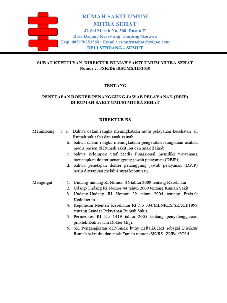 Penetapan DPJP RS Mitra Sehat | PDF | Sains & Matematika