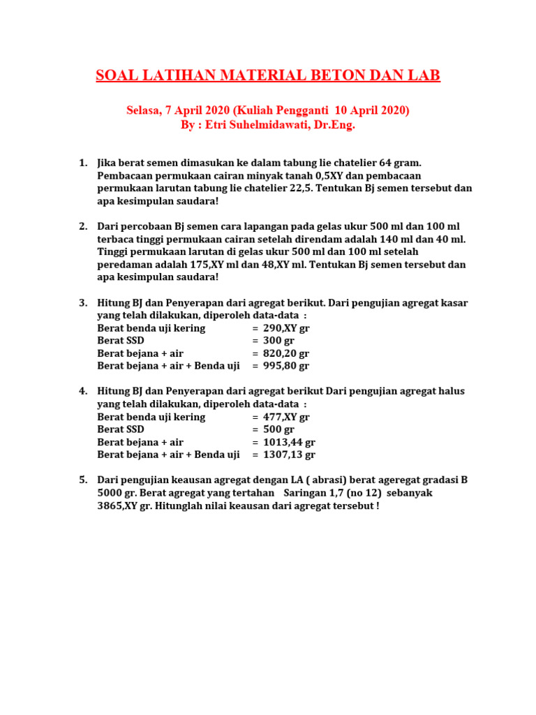 Soal Latihan Material Beton Dan Lab - 7 April 2020 | PDF | Metode & Bahan Ajar | Sains & Matematika