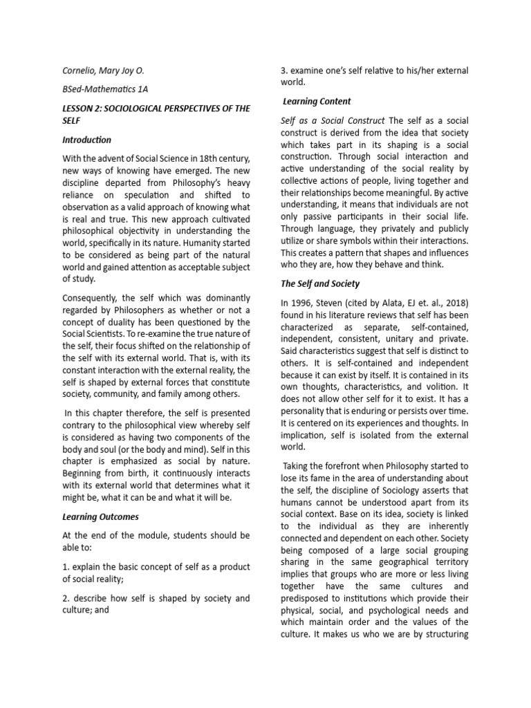 LESSON 2 Sociological Perspective of The Self | PDF | Self | Philosophy ...