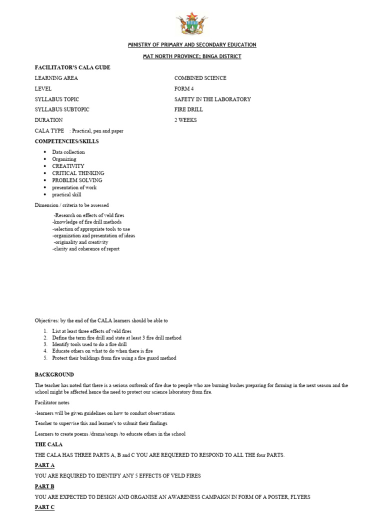 Fire Safety CALA Guide for Form 4 | PDF | Learning | Creativity