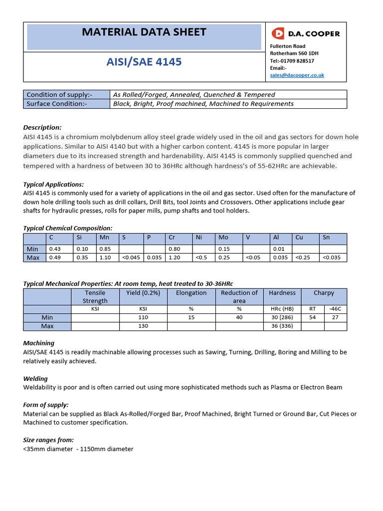 AISI SAE 4145 Product Datasheet D.a.cooper Sons | PDF | Metals | Chemistry