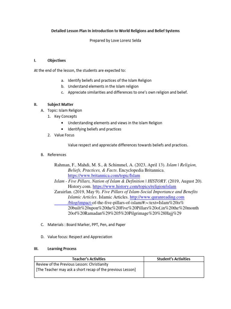 Detailed Lesson Plan in Introduction To World Religions and Belief ...