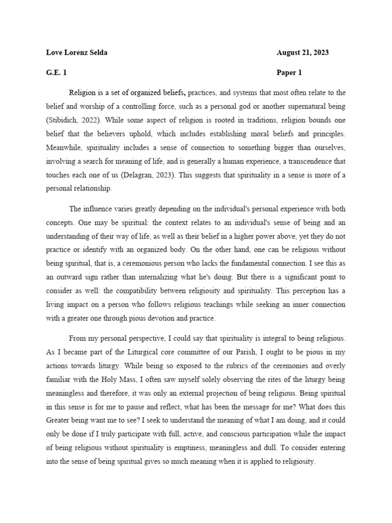 Selda Reflection On Religion and Spirituality | PDF | Spirituality | God