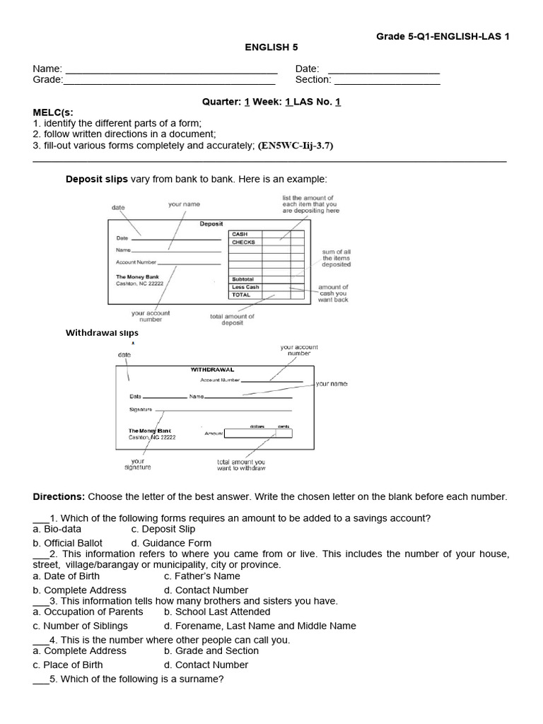 Grade 5 English LAS Week 1 Activities | PDF | Banking