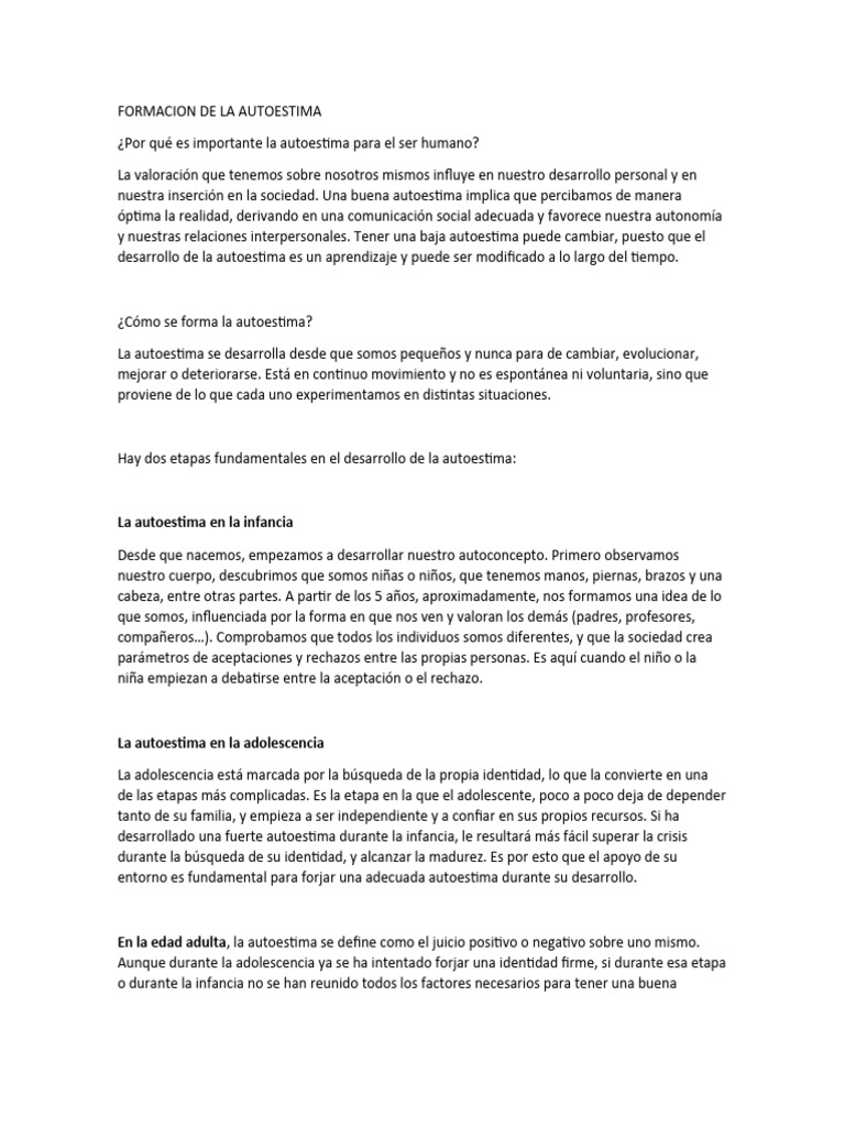 Formacion de La Autoestima | PDF | Autoestima | Adultos